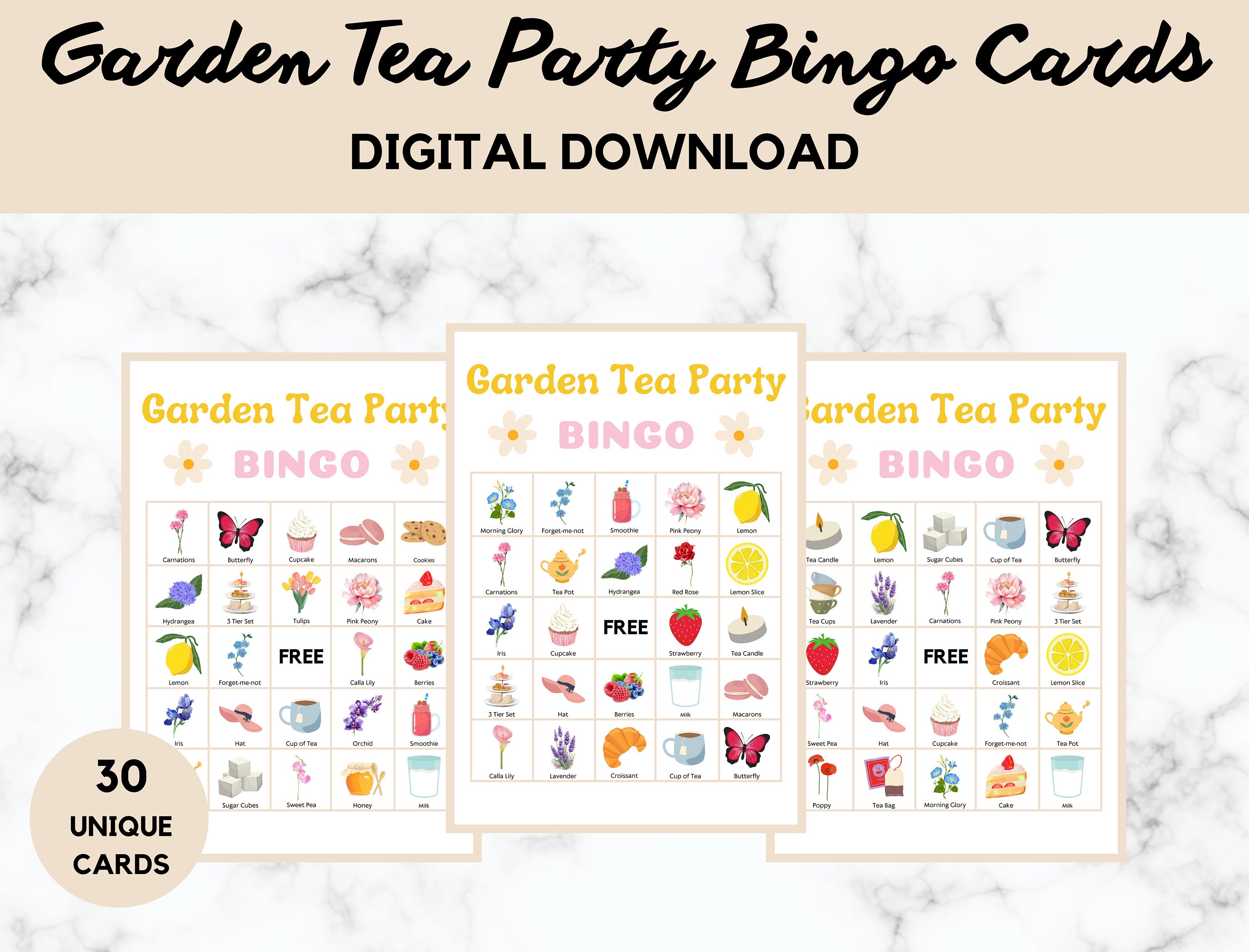 Garden Tea Party Bingo - Tea Party Activity- 30 Tea Party Bingo Cards ...