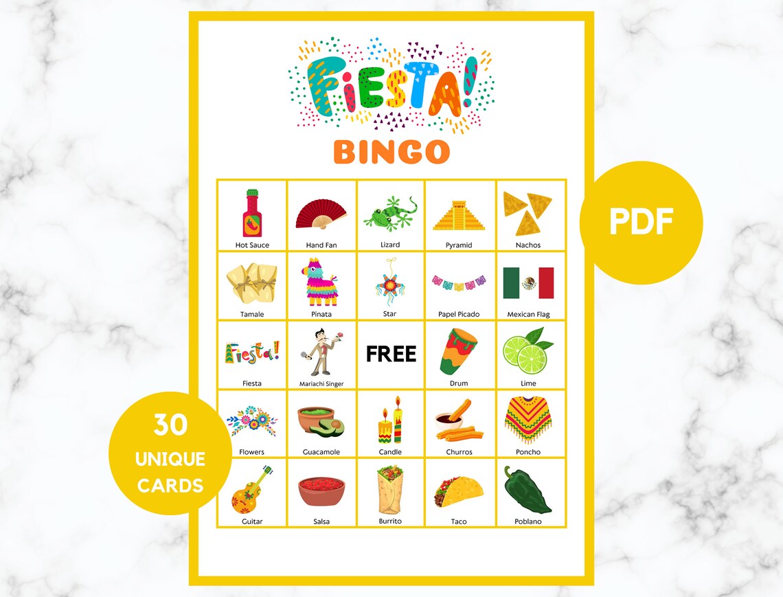 Fiesta Bingo - Fiesta Activity for Kids - 30 Fiesta Bingo Cards ...
