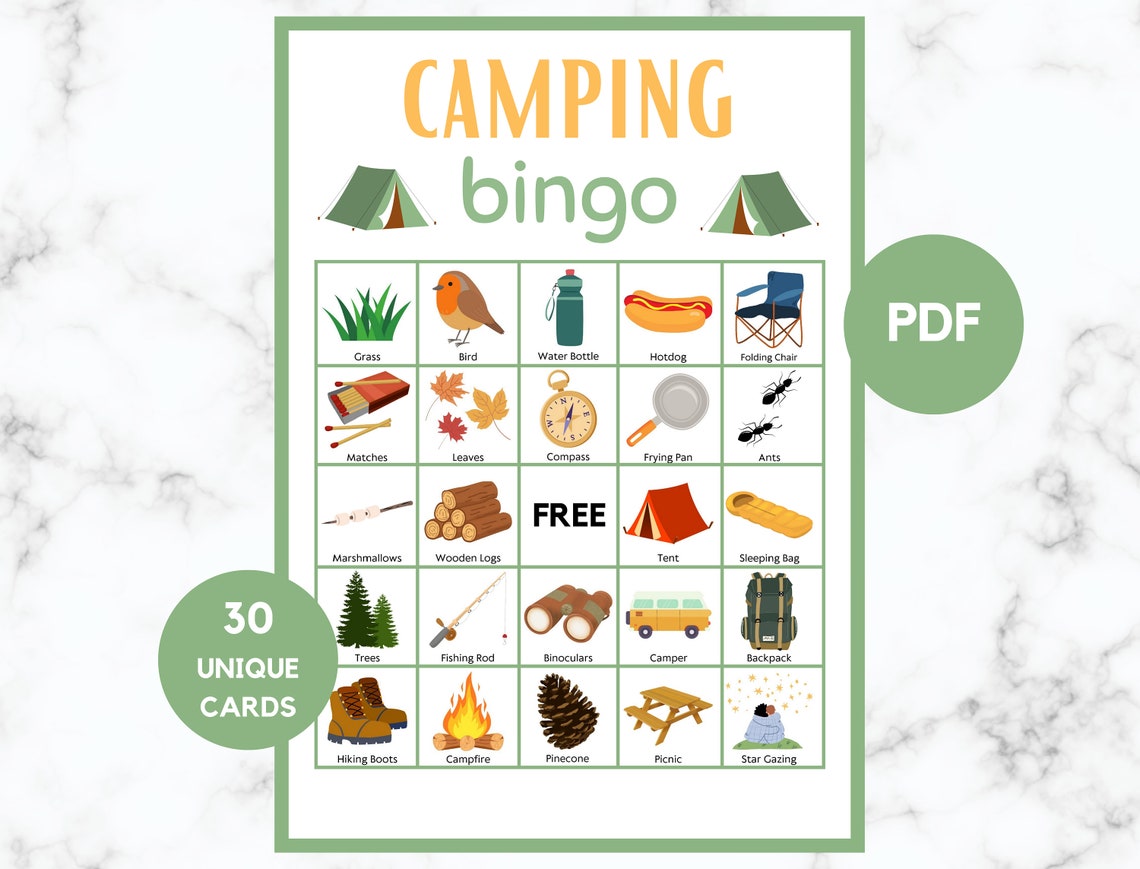 Camping Bingo Campground Activity 30 Camping Bingo Cards Camping Game ...