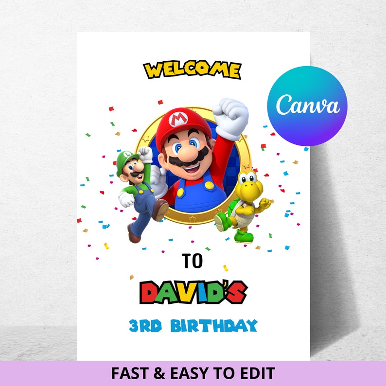 Super Mario Birthday Welcome Sign Boy Mario Bros Birthday Party Super ...