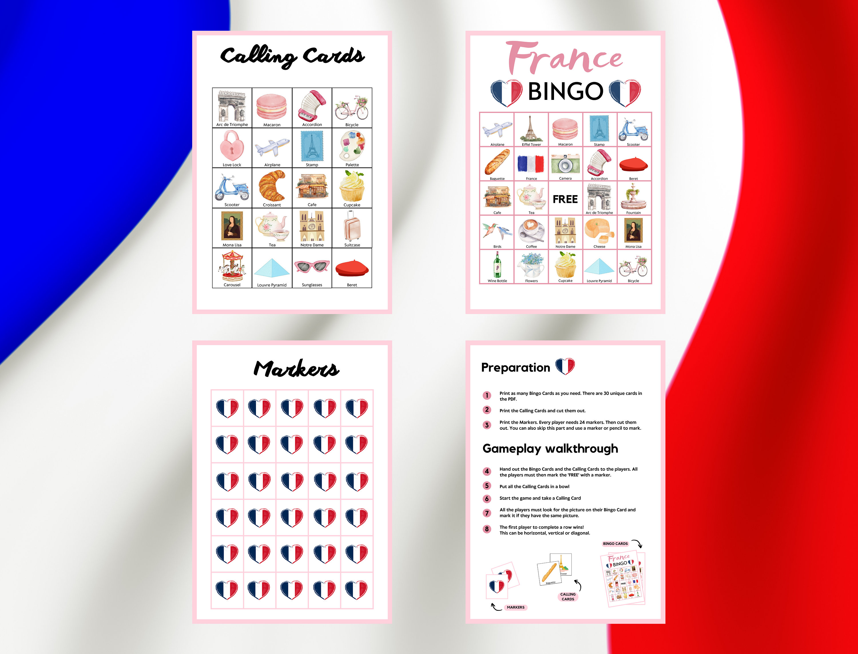 France Bingo - Travel Bingo - 30 France Bingo Cards - France Party Game ...