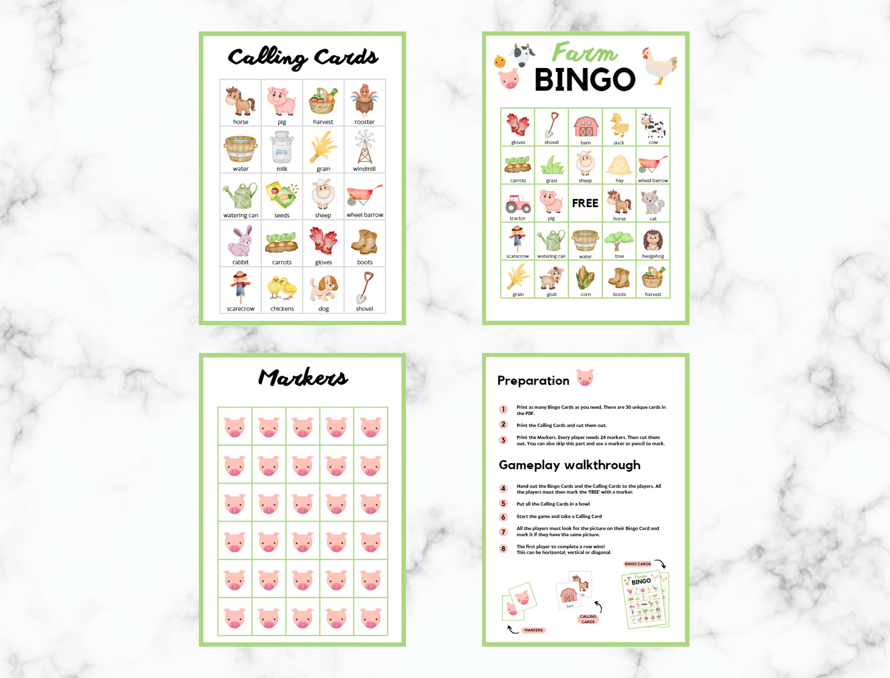 Farm Bingo - 30 Farm Bingo Cards - Farm Party Game - Farm - Farm Bingo ...