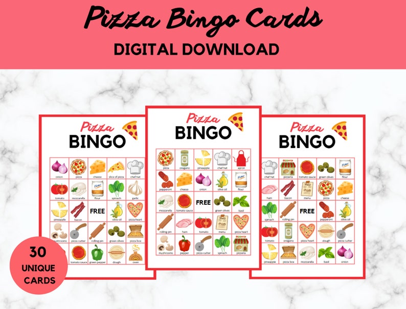 Pizza Bingo - 30 Pizza Bingo Cards - Pizza Party Game - Pizza Birthday ...