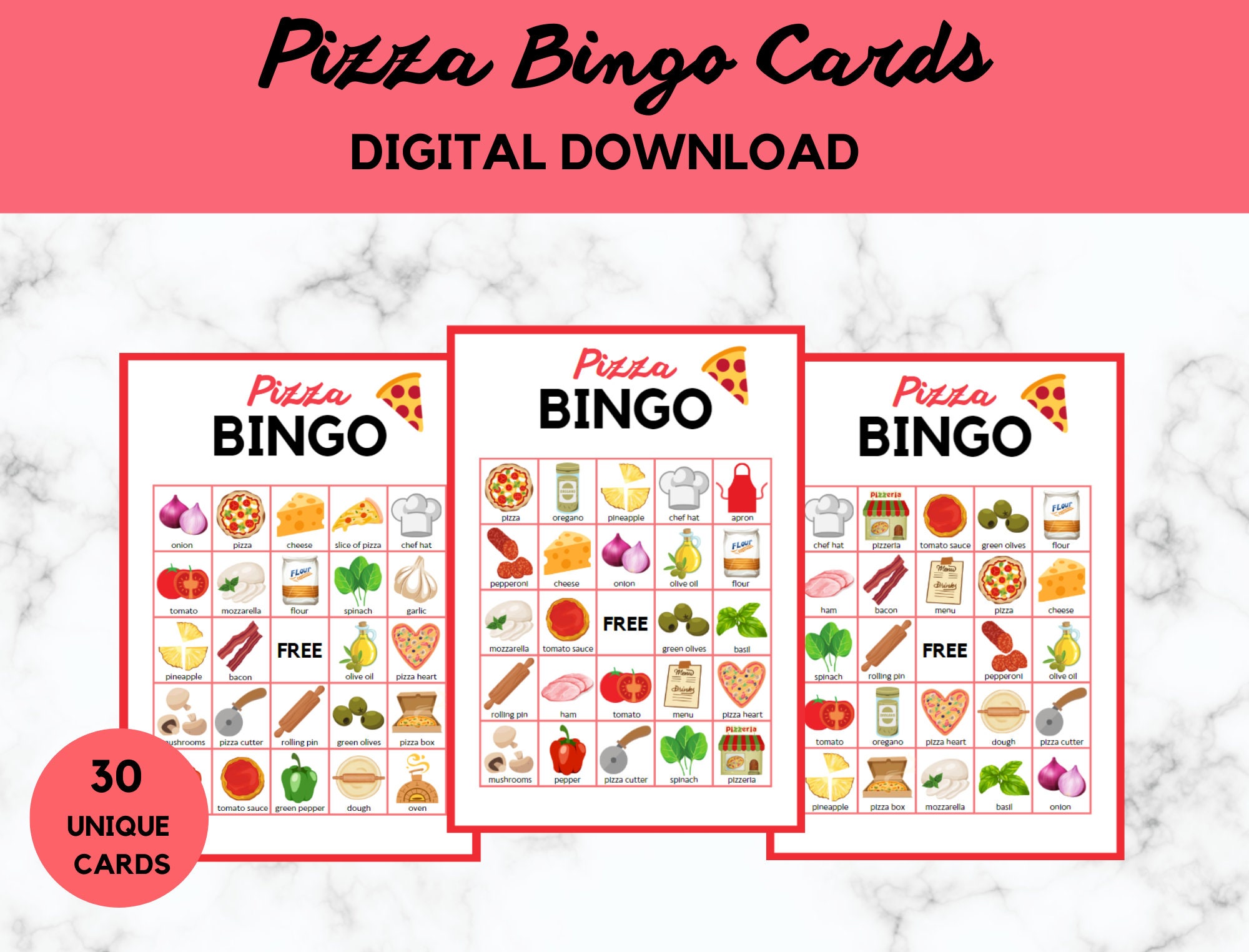 Pizza Bingo - 30 Pizza Bingo Cards - Pizza Party Game - Pizza Birthday ...