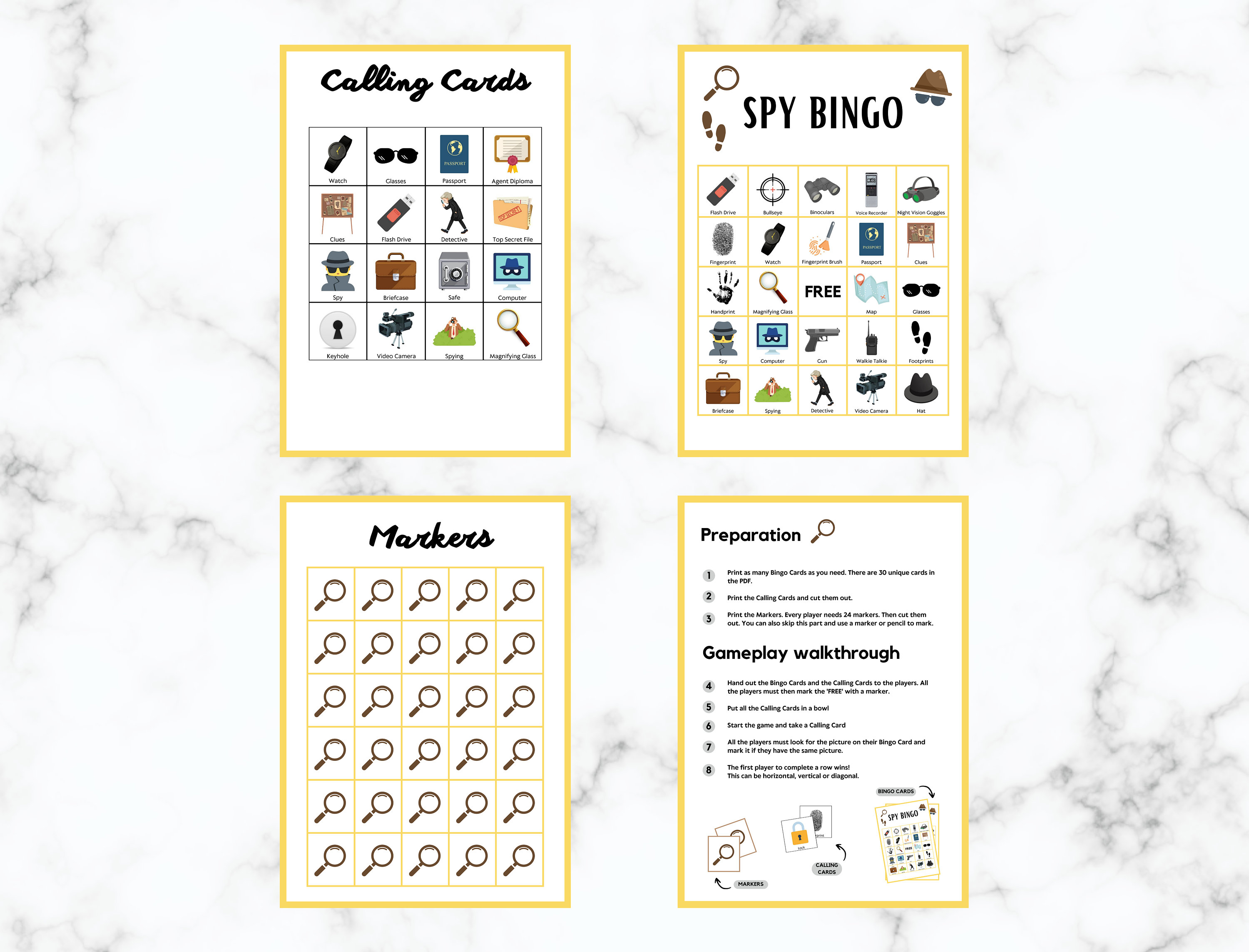 Spy Bingo - Spy Activity- 30 Spy Bingo Cards - Spy Birthday Party Game ...