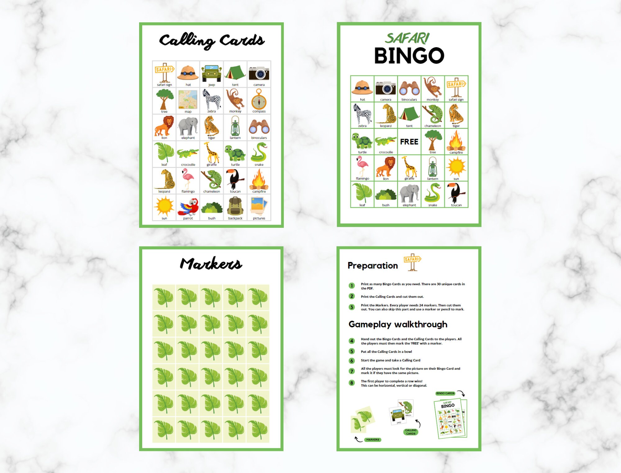 Safari Bingo - 30 Safari Bingo Cards - Safari Party Game - Safari ...