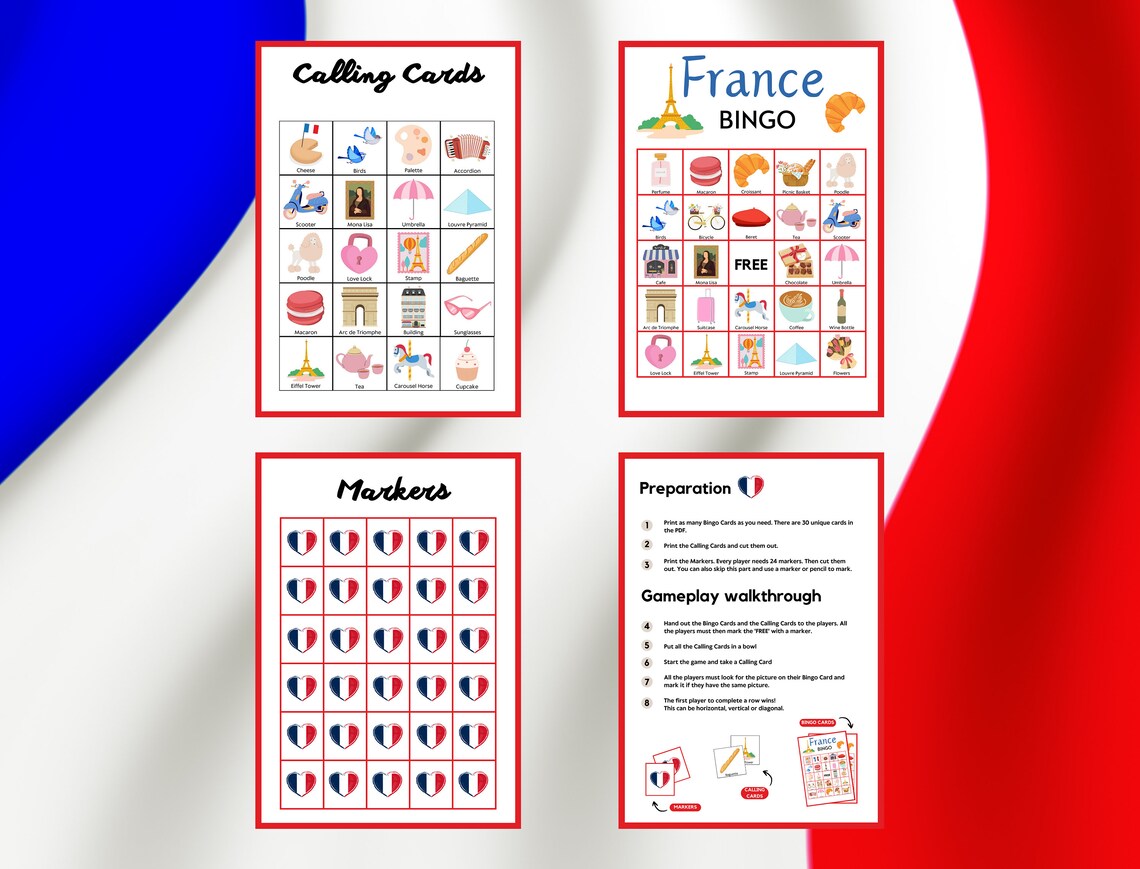 France Bingo Travel Bingo 30 France Bingo Cards France Party Game ...