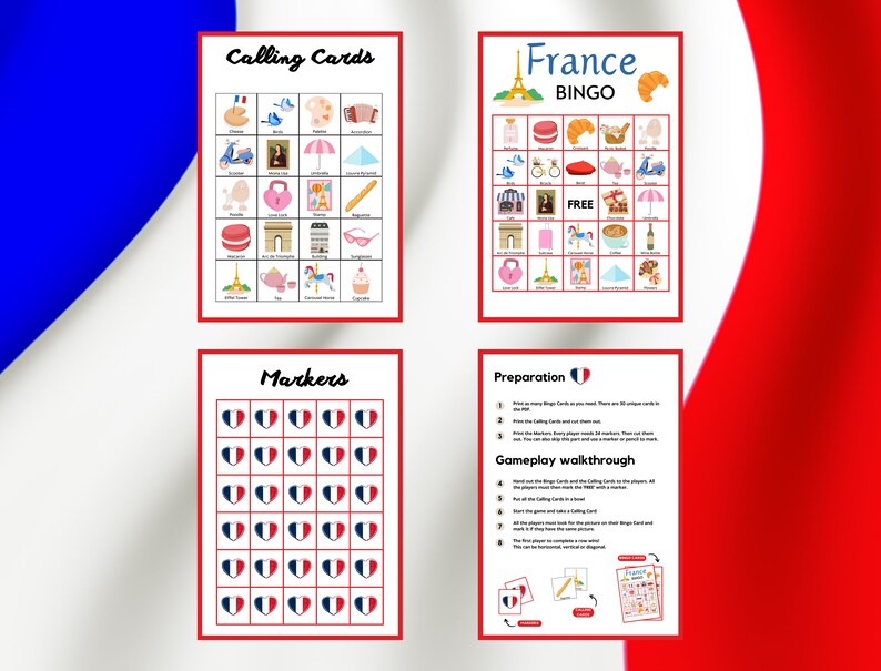 France Bingo - Travel Bingo - 30 France Bingo Cards - France Party Game ...