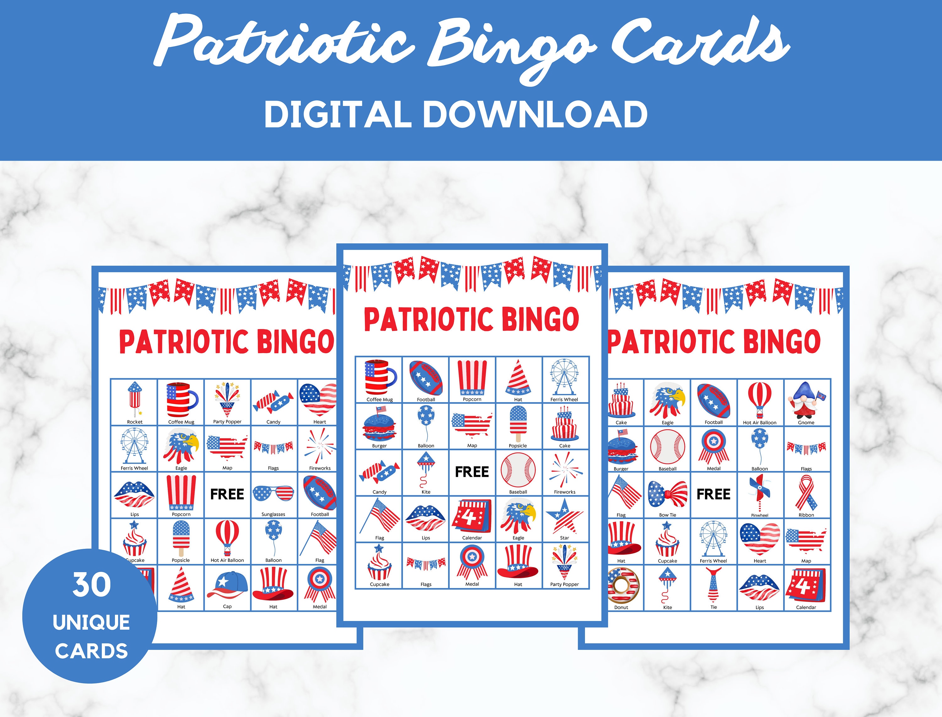 Patriotic Bingo - Independence Day Bingo - 30 4th of July Bingo Cards ...