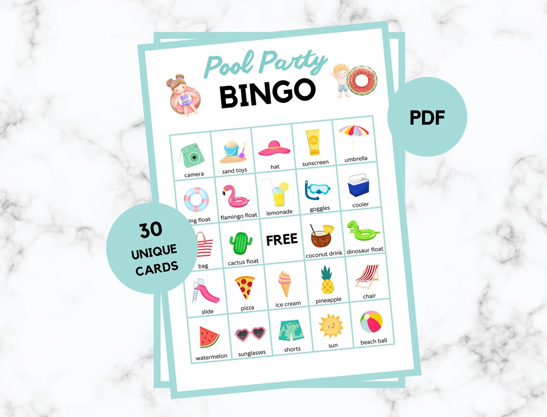 Pool Party Bingo - 30 Pool Party Bingo Cards - Pool Party Game - Pool ...