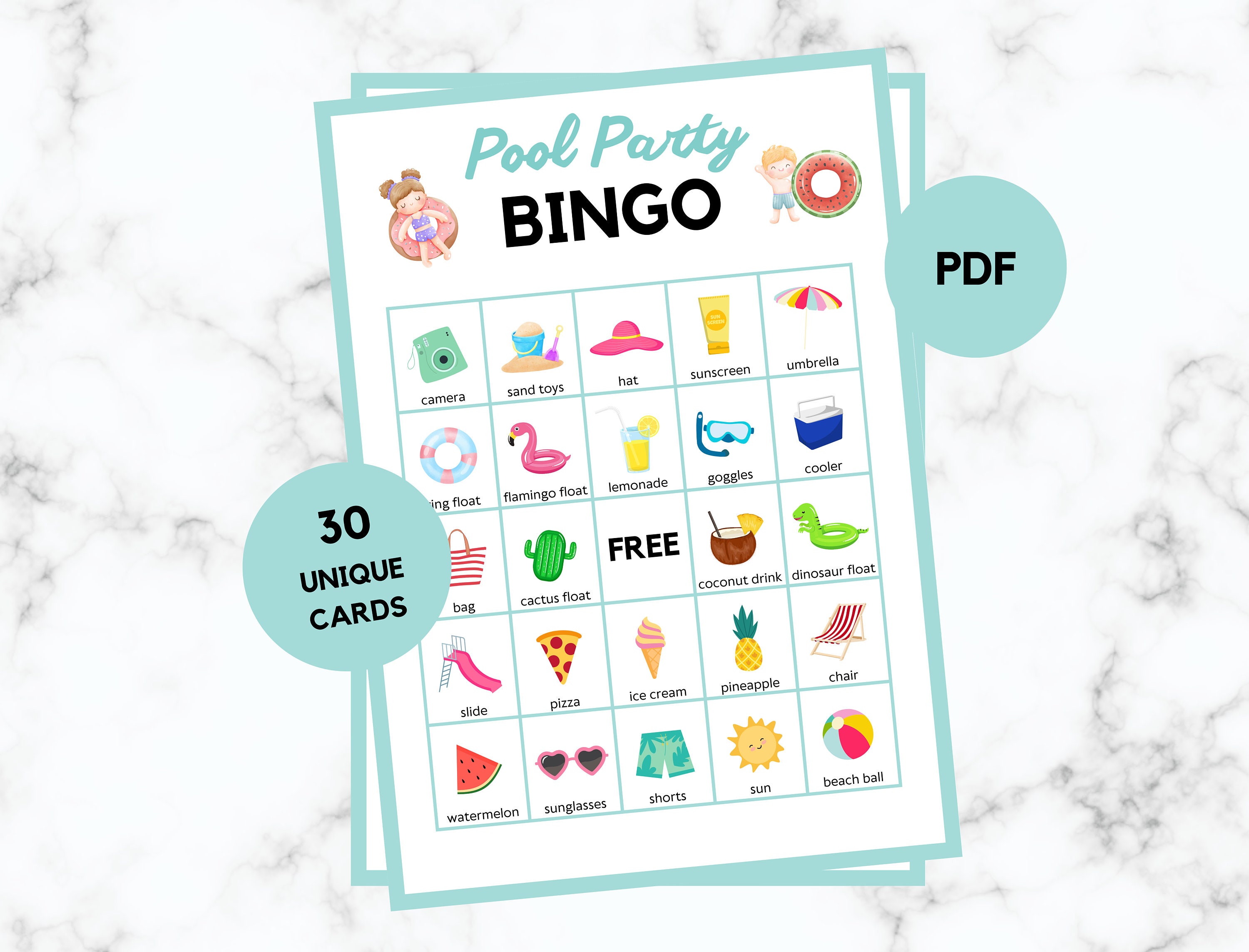 Pool Party Bingo - 30 Pool Party Bingo Cards - Pool Party Game - Pool ...
