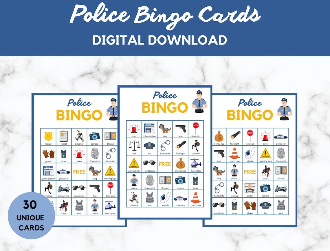 Police Bingo - 30 Police Bingo Cards - Police Party Game - Police ...