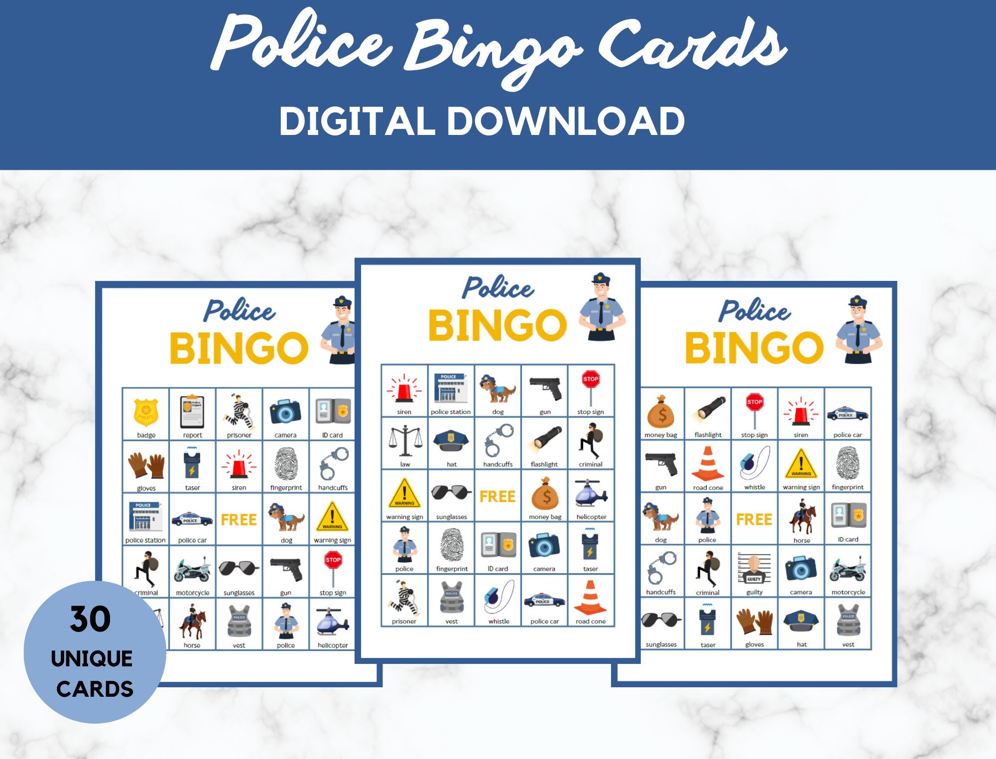 Police Bingo - 30 Police Bingo Cards - Police Party Game - Police ...