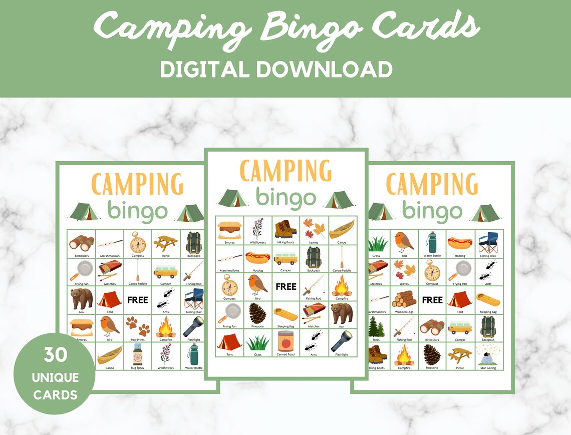 Camping Bingo Campground Activity 30 Camping Bingo Cards Camping Game ...