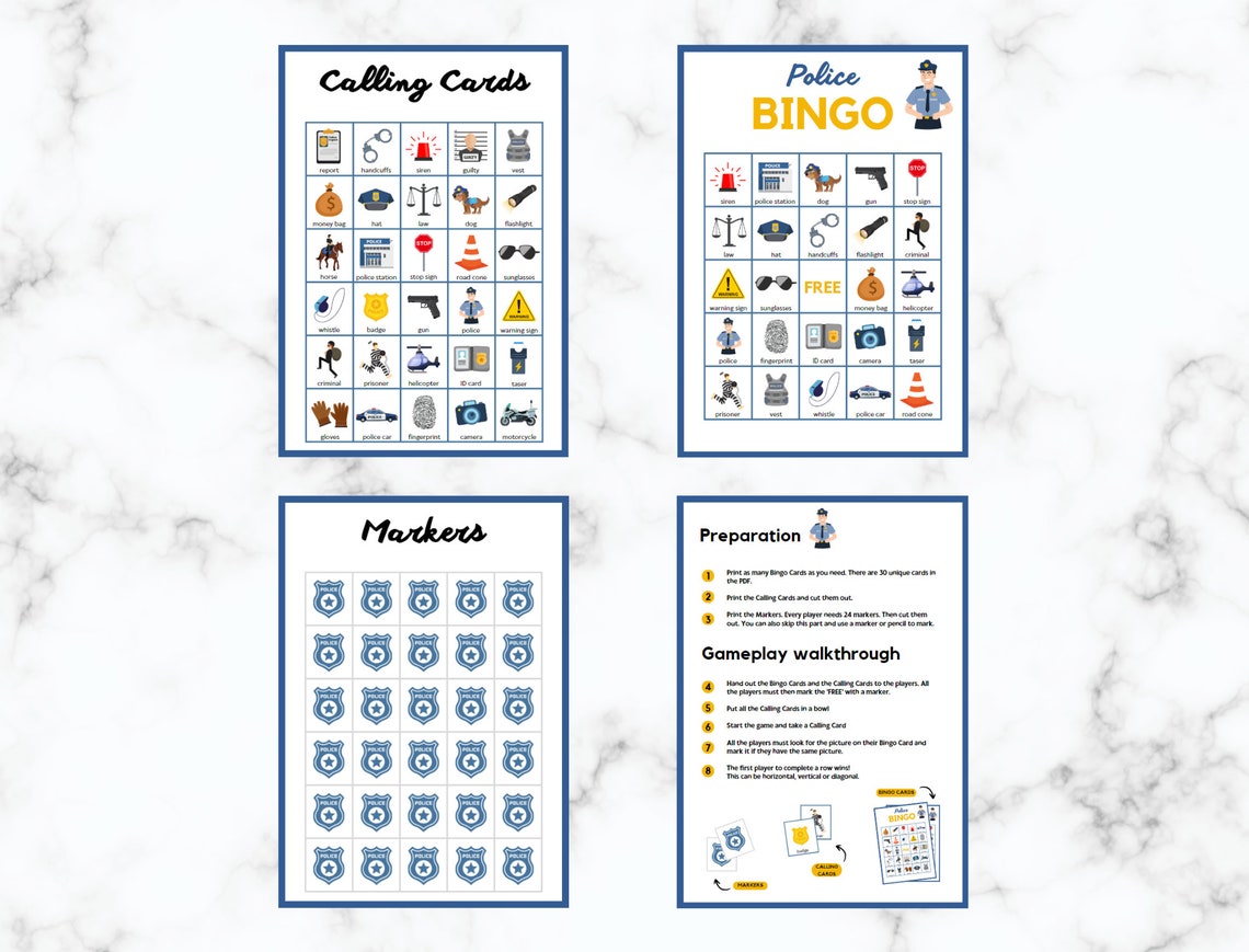 Police Bingo - 30 Police Bingo Cards - Police Party Game - Police ...