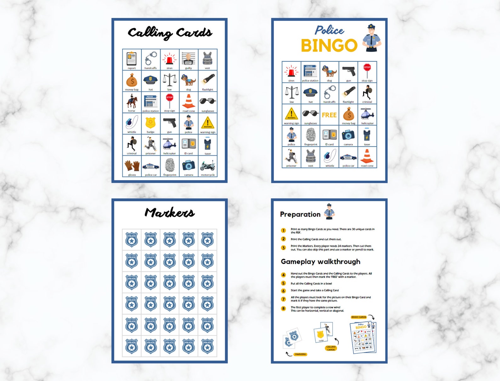 Police Bingo - 30 Police Bingo Cards - Police Party Game - Police ...
