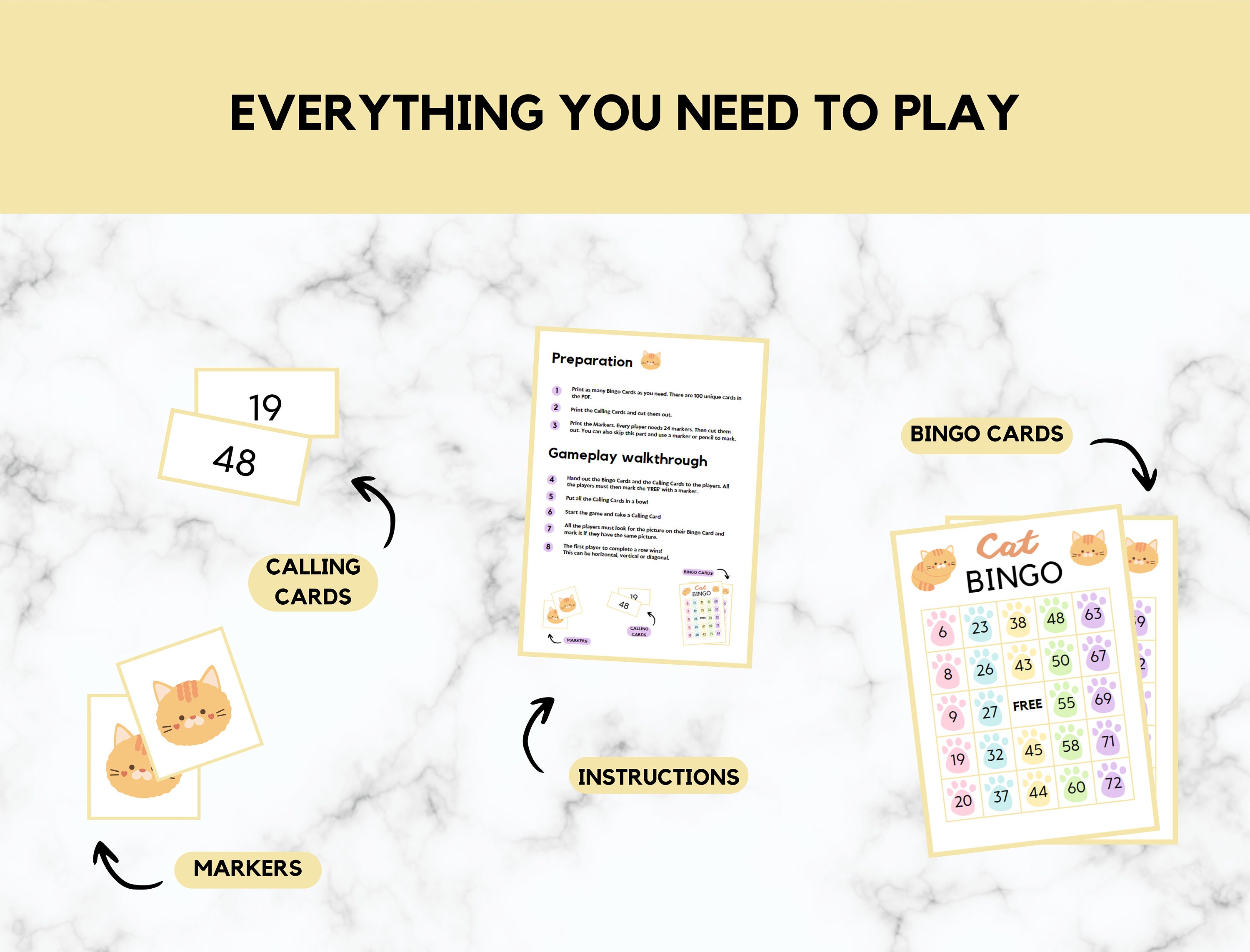 Cat Bingo - 100 Cat Bingo Cards - Cat Party Game - Cat Birthday - Cat ...