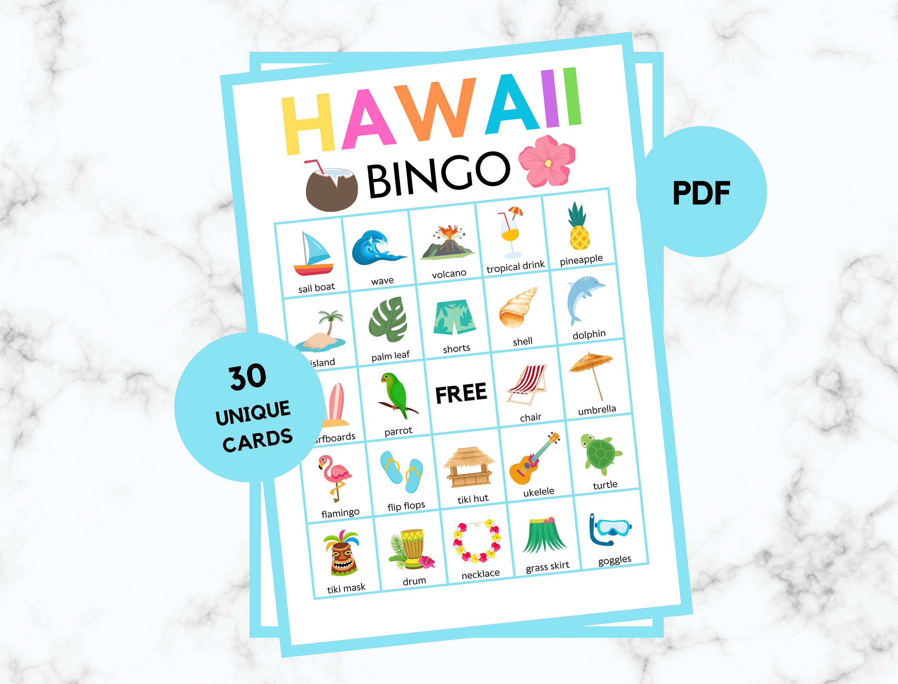 Hawaii Bingo - 30 Hawaii Bingo Cards - Hawaii Party Game - Hawaii Bingo ...