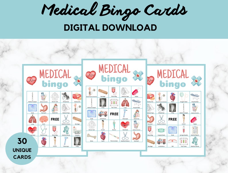 Medical Bingo - Doctor Bingo - 30 Medical Bingo Cards - Nurse Bingo ...