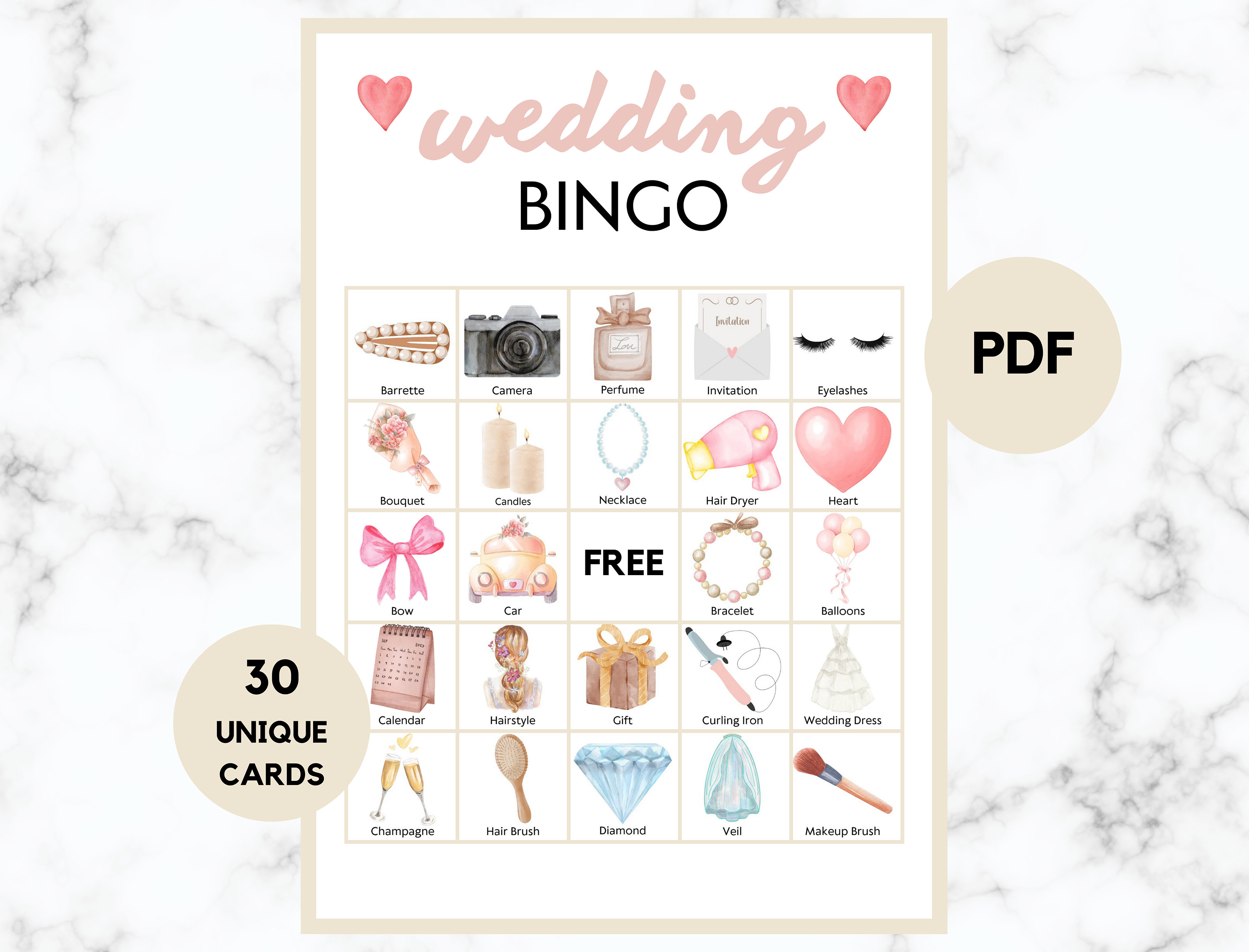 Wedding Bingo Bridal Bingo 30 Wedding Bingo Cards Bridal Party Game ...