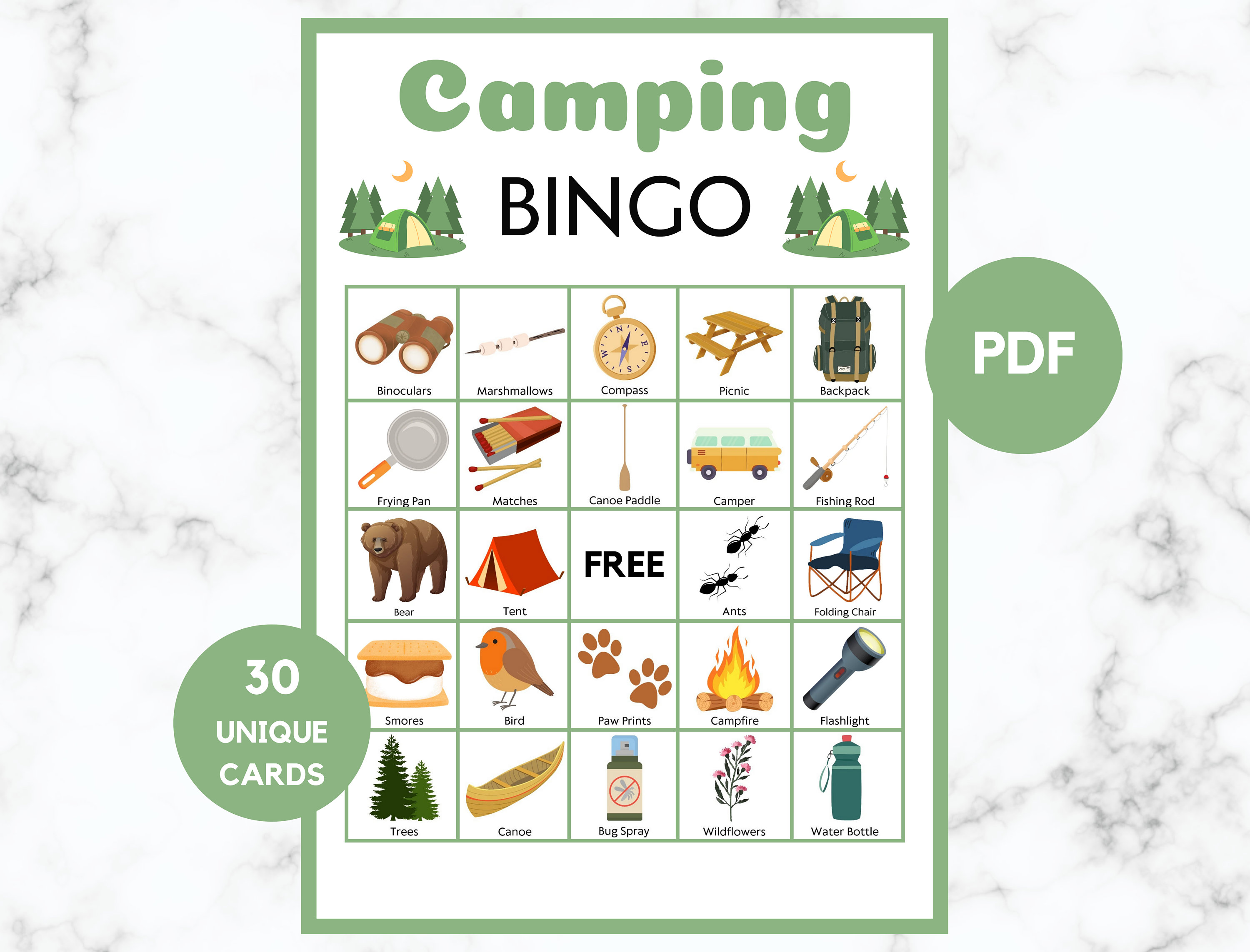 Camping Bingo Campground Activity 30 Camping Bingo Cards Camping Game ...