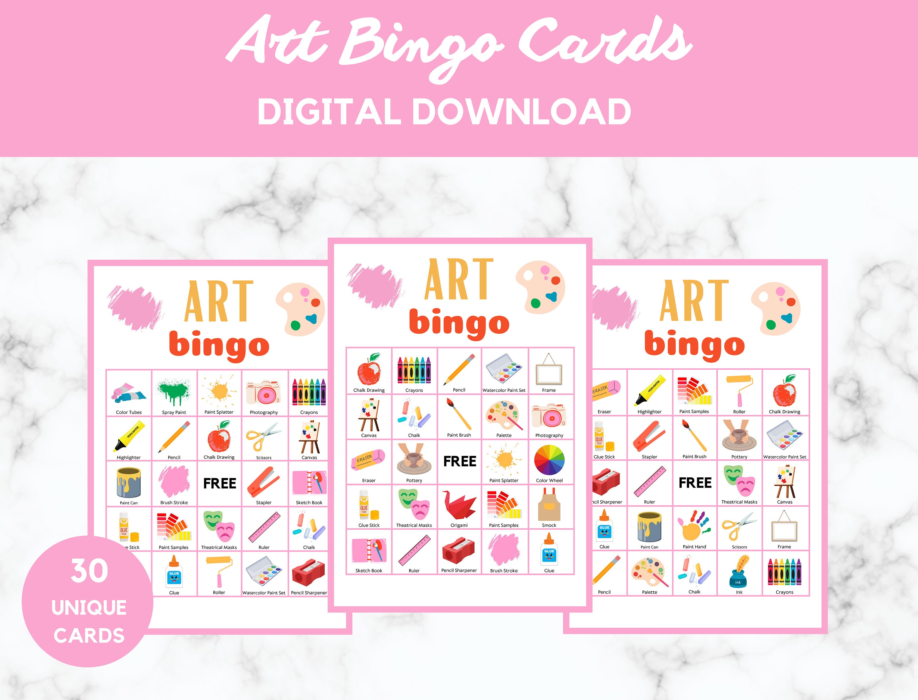 Art Bingo - Art Activity- 30 Art Bingo Cards - Art Party Game - - Art ...