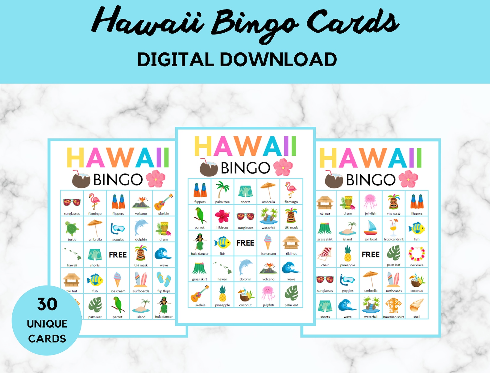 Hawaii Bingo 30 Hawaii Bingo Cards Hawaii Party Game Hawaii Bingo ...