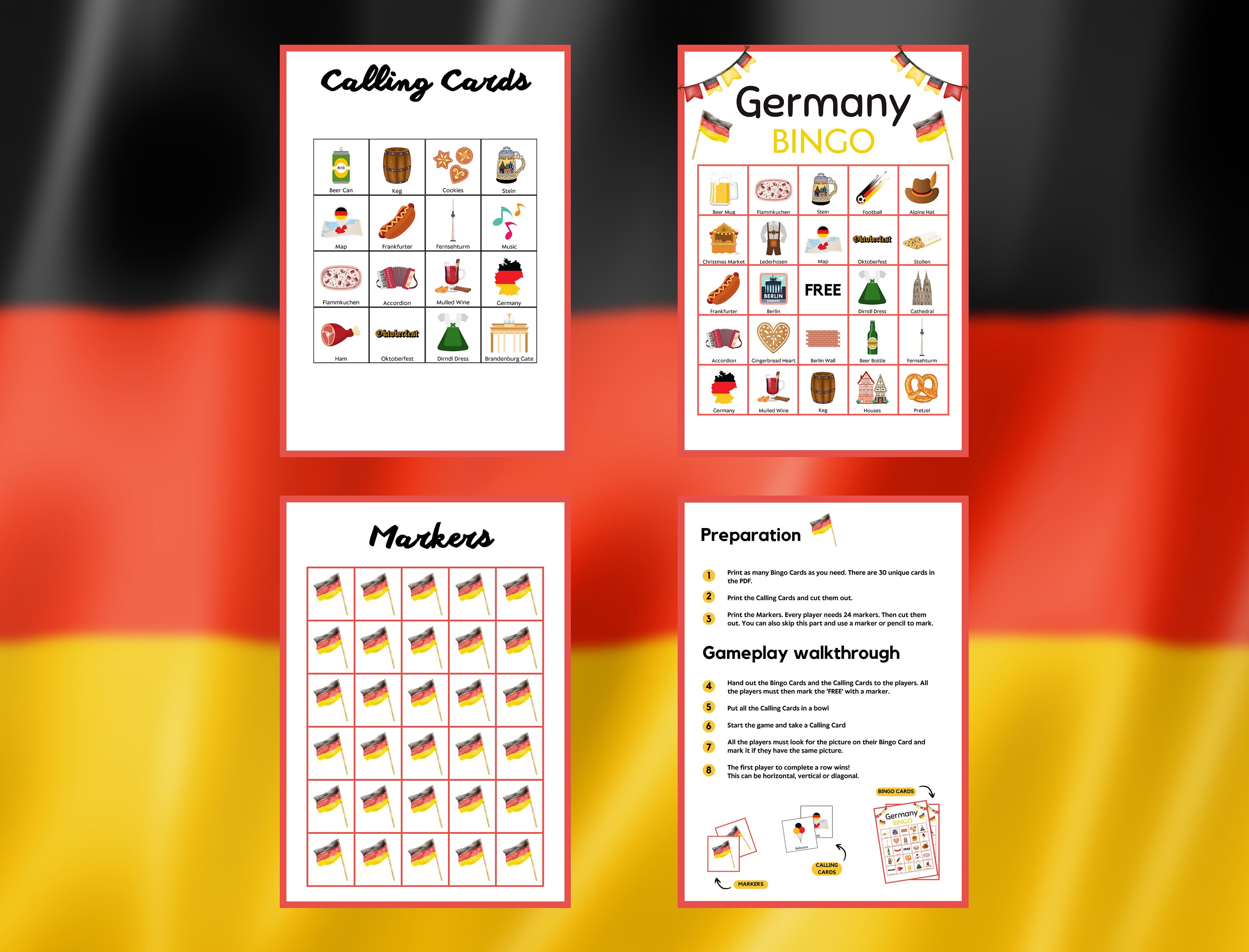Germany Bingo - Travel Bingo - 30 Germany Bingo Cards - Germany Party ...