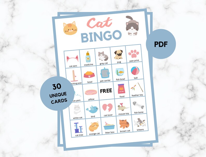 Cat Bingo - 30 Cat Bingo Cards - Cat Party Game - Cat Bingo - Birthday ...