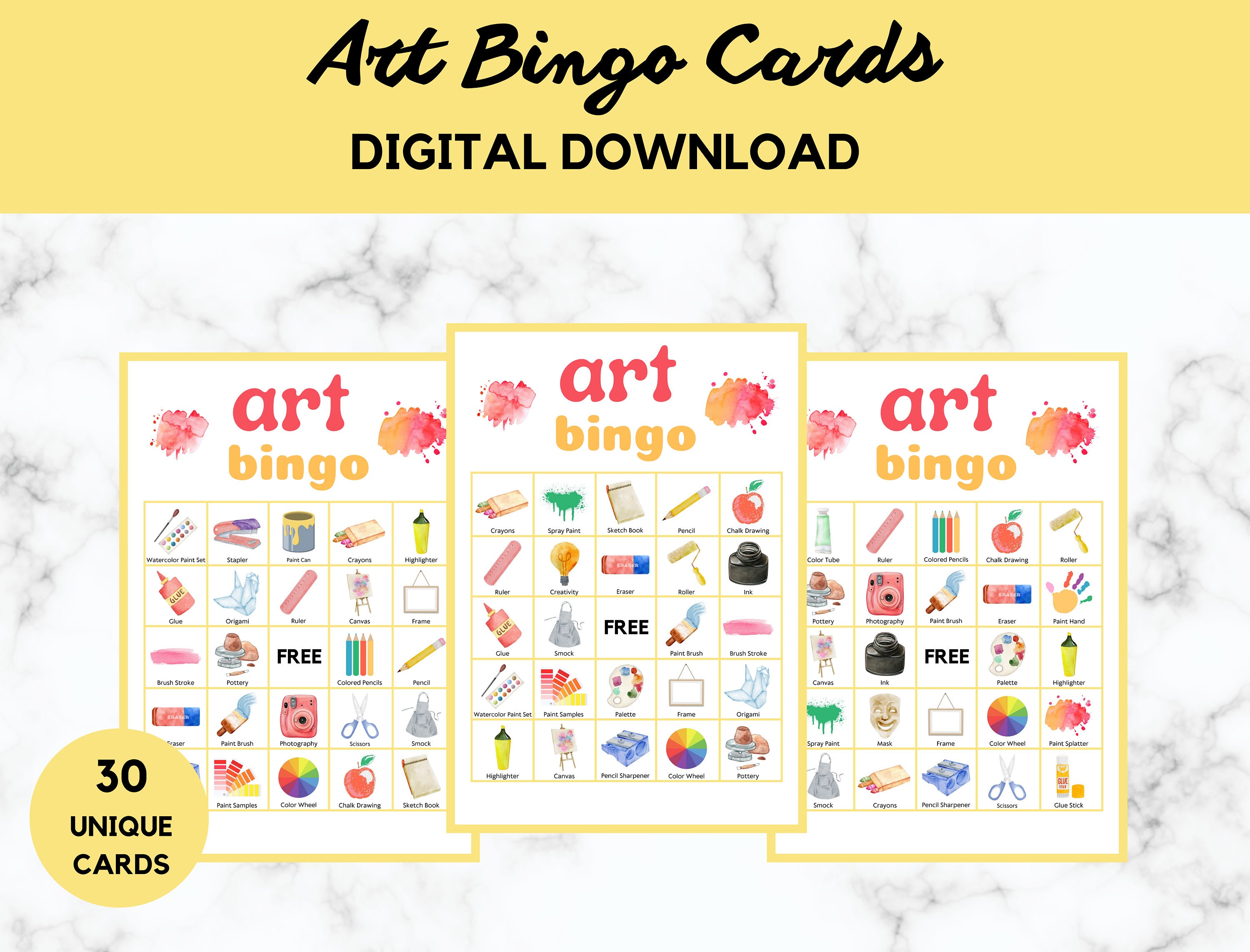 Art Bingo - Art Activity- 30 Art Bingo Cards - Art Party Game - - Art ...