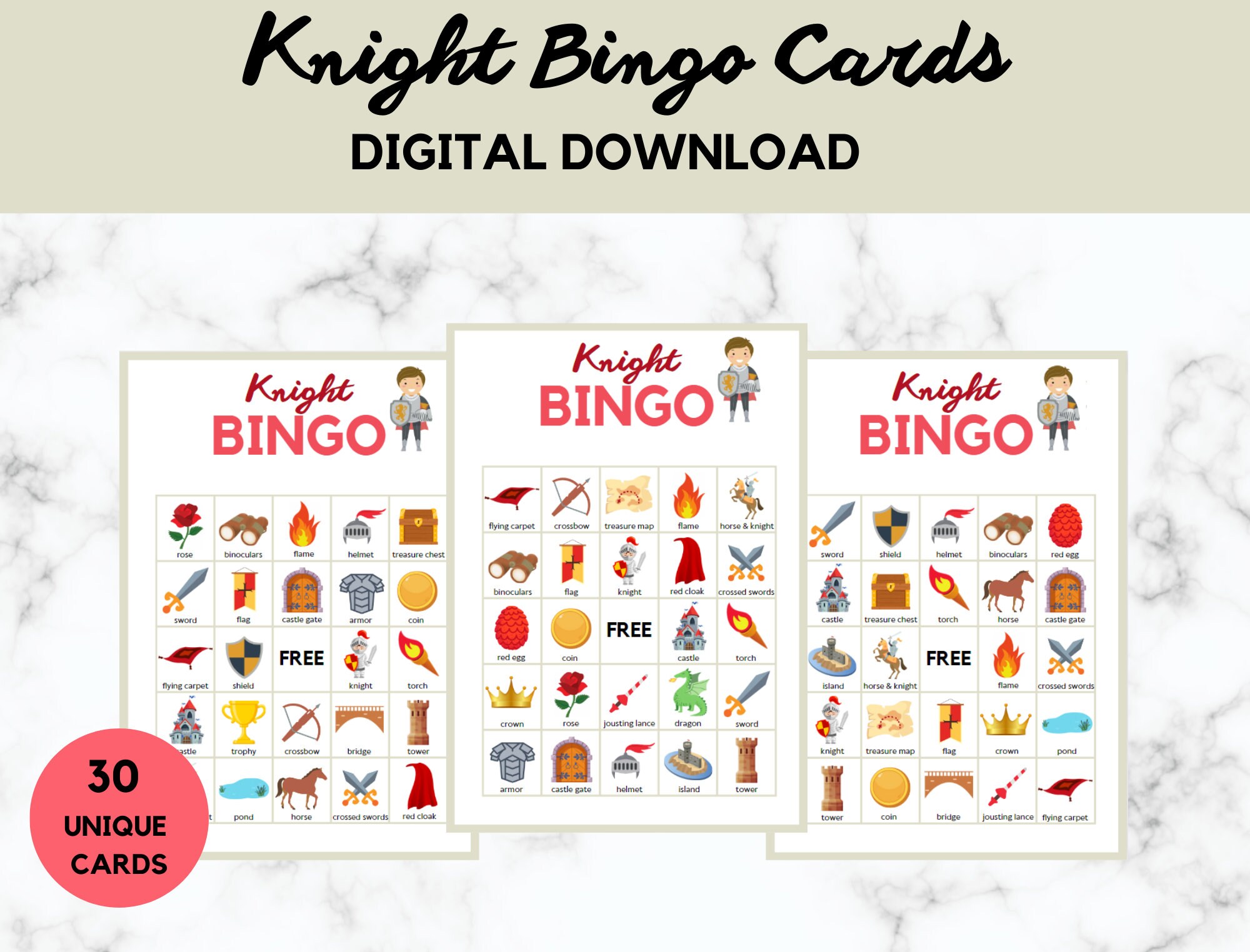 Knight Bingo - 30 Knight Bingo Cards - Knight Party Game - Knight ...