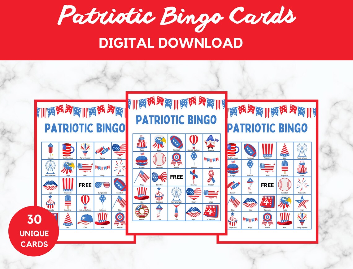 Patriotic Bingo - Independence Day Bingo - 30 4th of July Bingo Cards ...