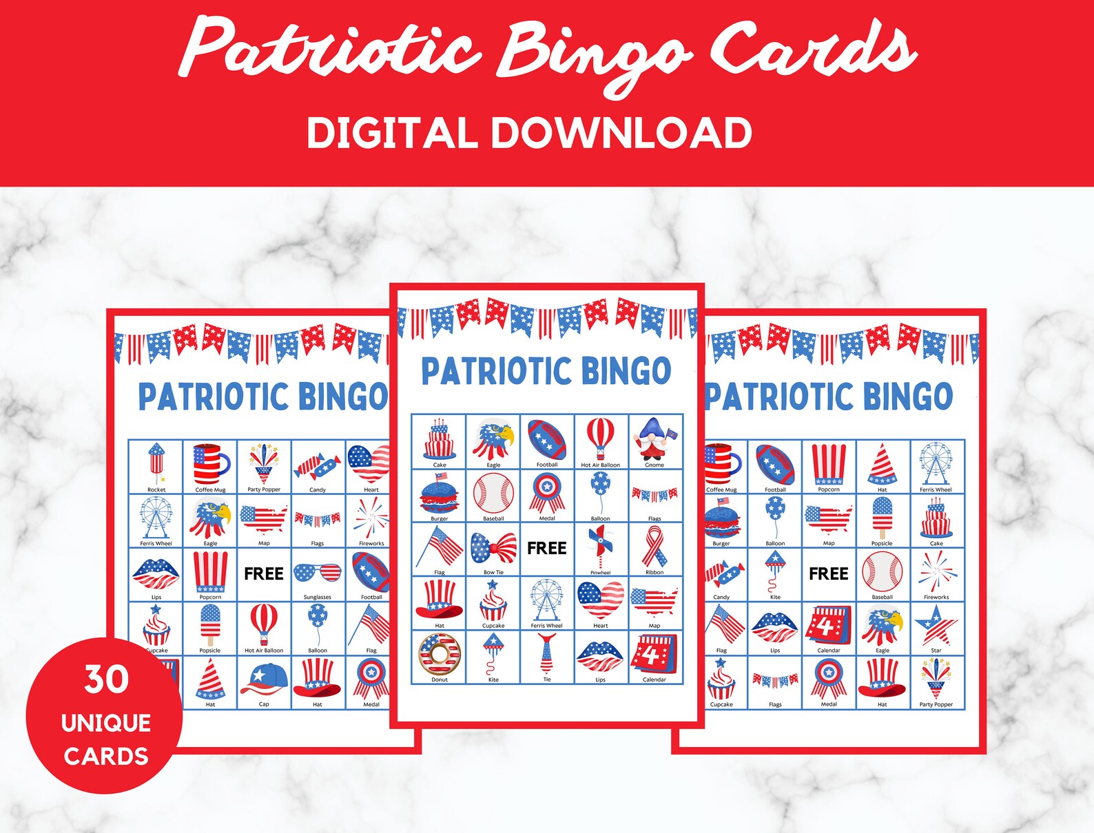 Patriotic Bingo - Independence Day Bingo - 30 4th of July Bingo Cards ...
