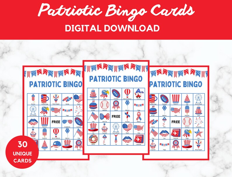 Patriotic Bingo - Independence Day Bingo - 30 4th of July Bingo Cards ...