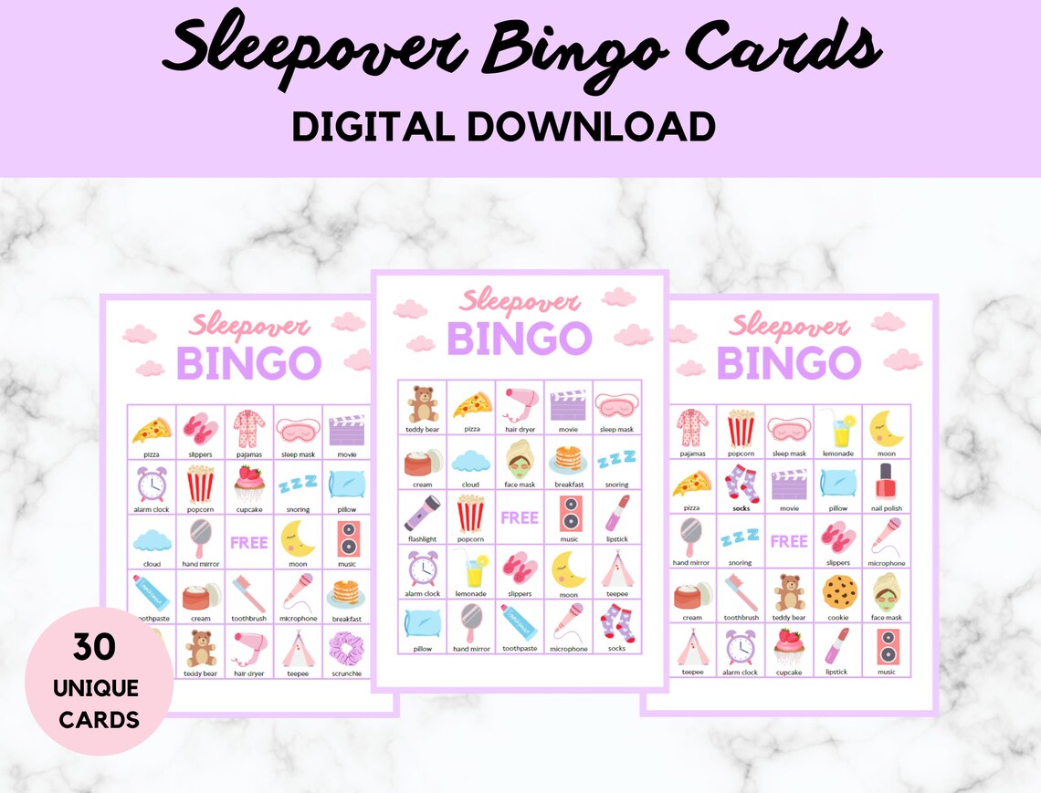 Sleepover Bingo - 30 Sleepover Bingo Cards - Sleepover Party Game ...
