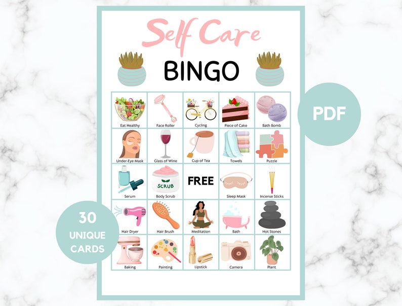 Self Care Bingo 30 Self Care Bingo Cards Self Care Birthday Printable ...