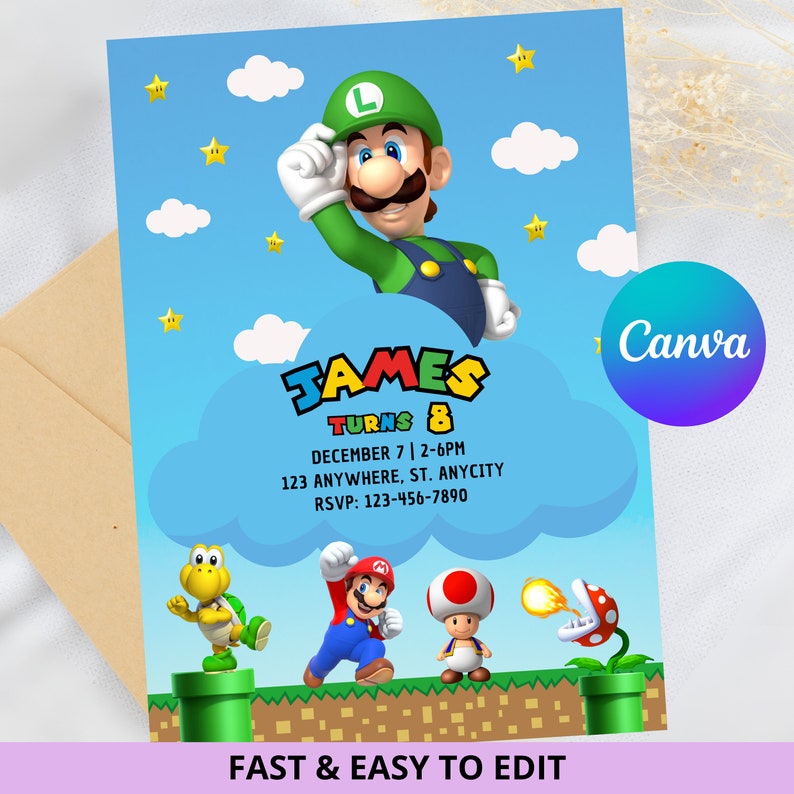 Super Mario Birthday Invitation Mario Bros Invitation Kid Invite ...