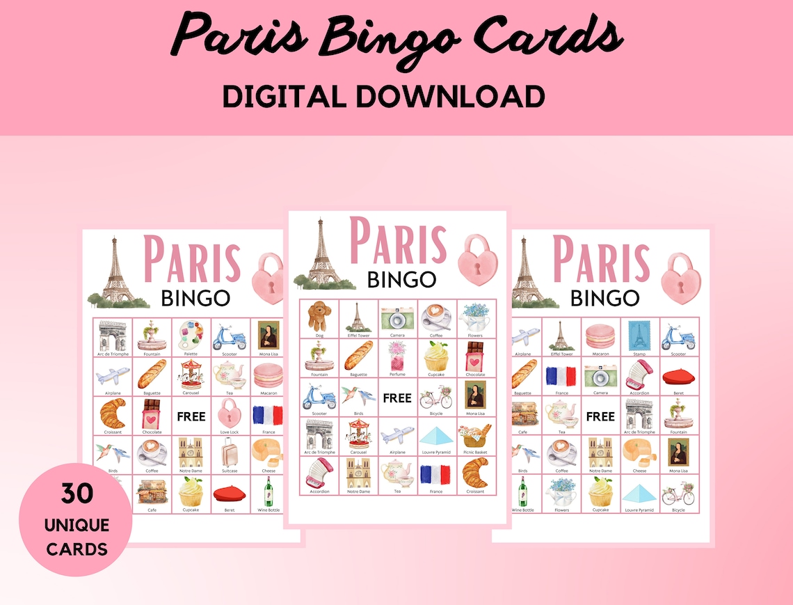 Paris Bingo - Travel Bingo - 30 Paris Bingo Cards - Paris Party Game ...