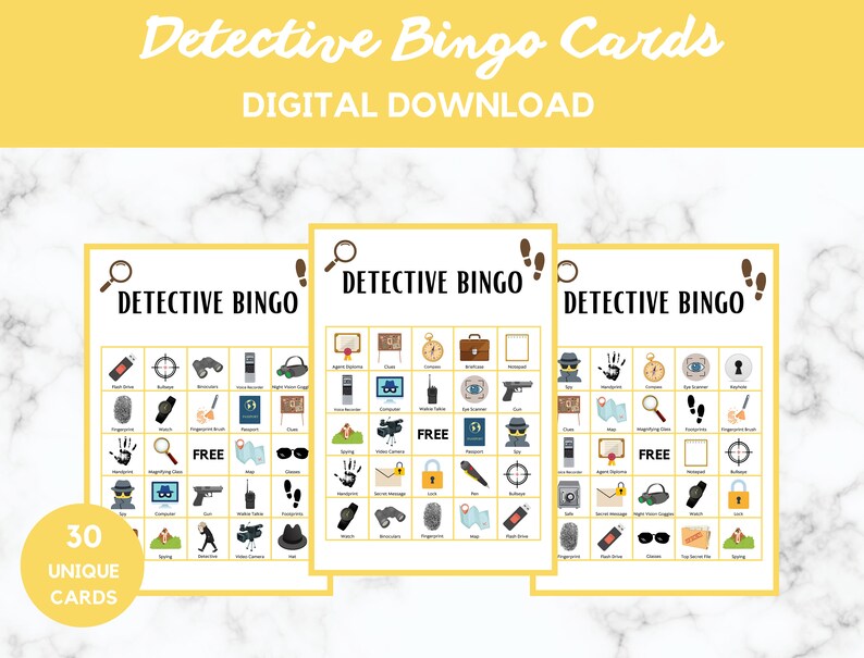 Detective Bingo Spy Birthday Activity 30 Detective Printable Bingo ...