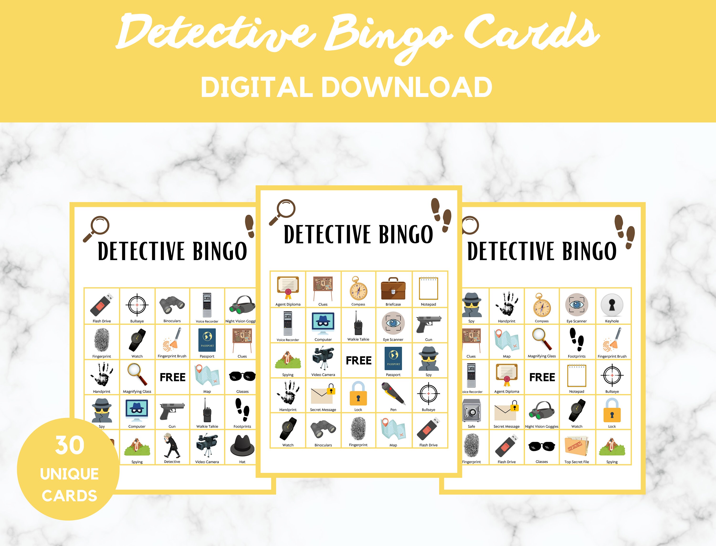 Detective Bingo - Spy Birthday Activity- 30 Detective Printable Bingo ...