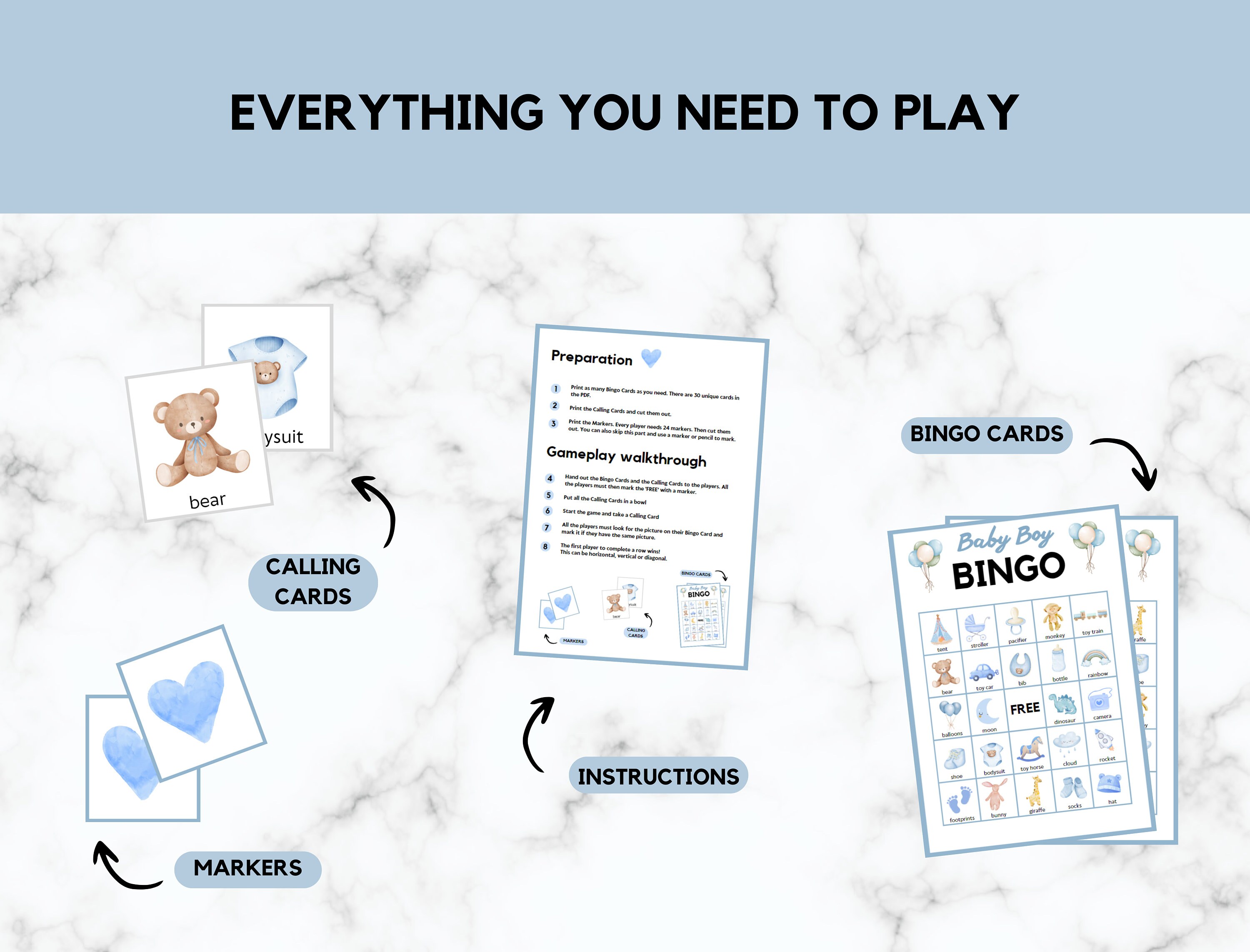 Baby Boy Bingo - 30 Baby Boy Bingo Cards - Baby Boy Party Game - Baby ...