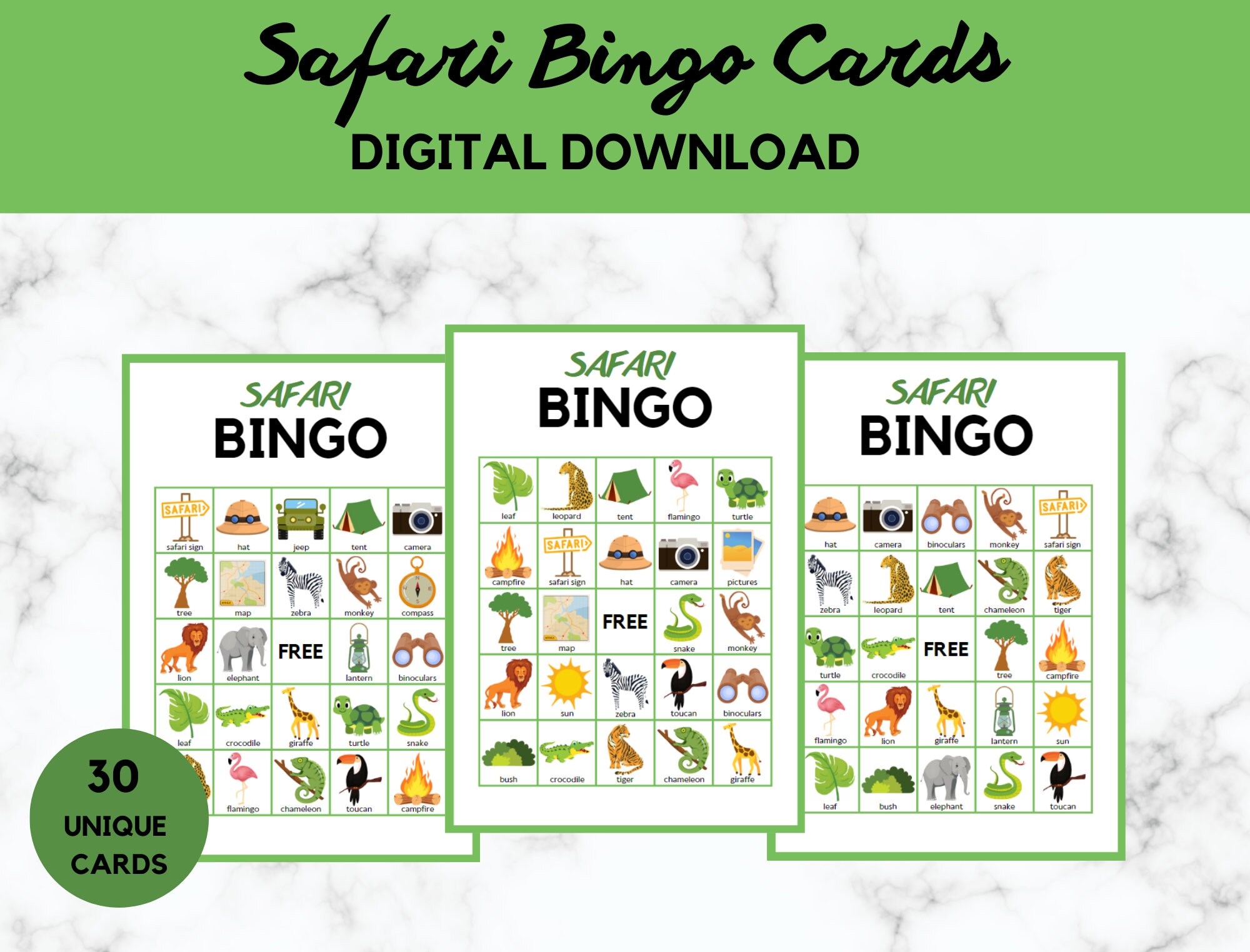 Safari Bingo 30 Safari Bingo Cards Safari Party Game - Etsy Australia