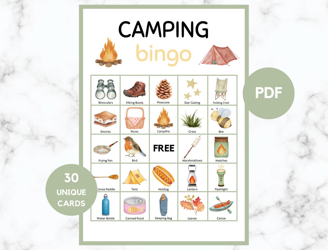 Camping Bingo Campground Activity 30 Camping Bingo Cards Camping Game ...