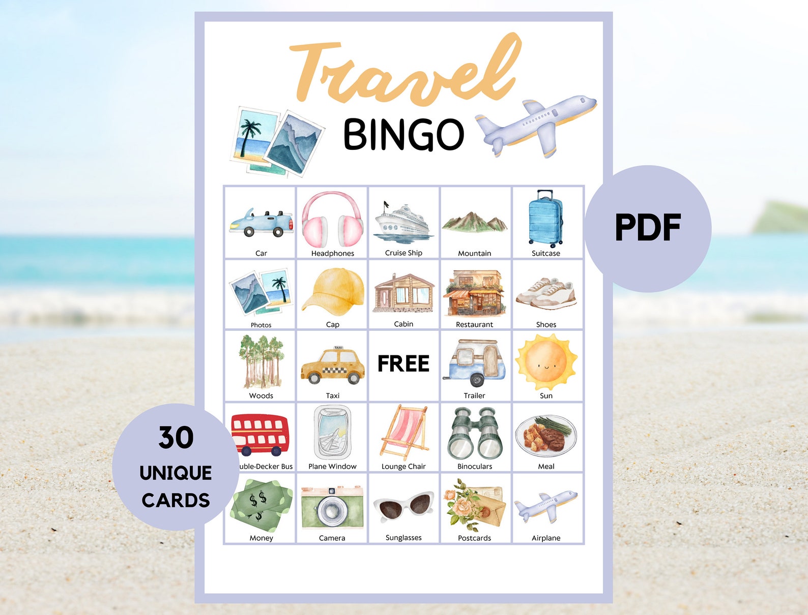 Travel Bingo - 30 Travel Bingo Cards - Travel Party Game - Travel ...