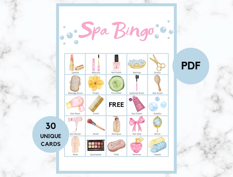 Spa Bingo Wellness Bingo 30 Spa Bingo Cards Spa Party Game Spa Birthday ...