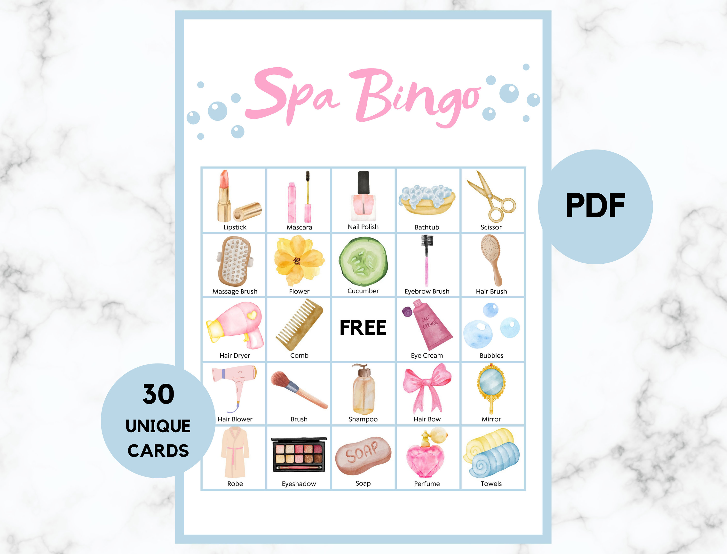 Spa Bingo - Wellness Bingo - 30 Spa Bingo Cards - Spa Party Game - Spa ...