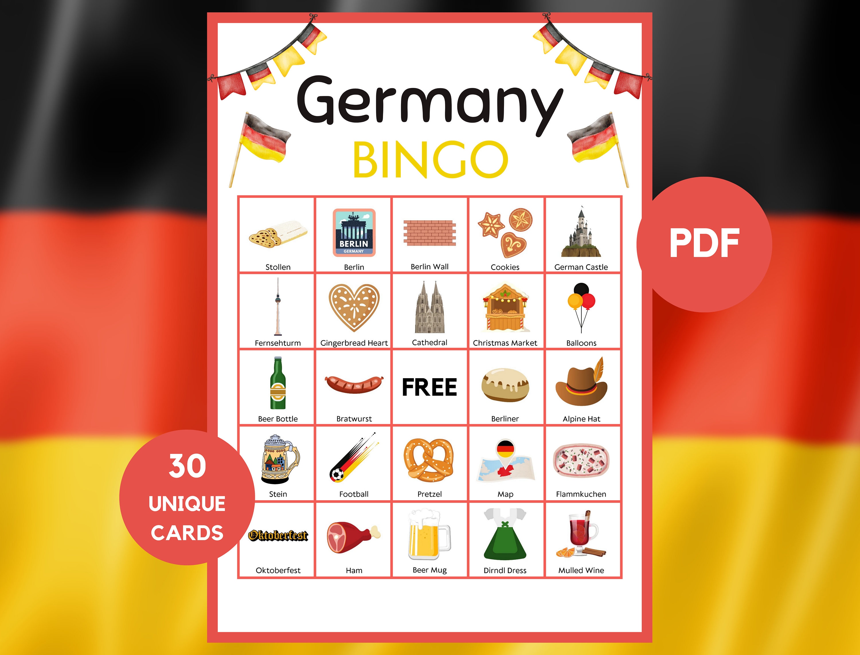 Germany Bingo Travel Bingo 30 Germany Bingo Cards Germany Party Game Printable Germany