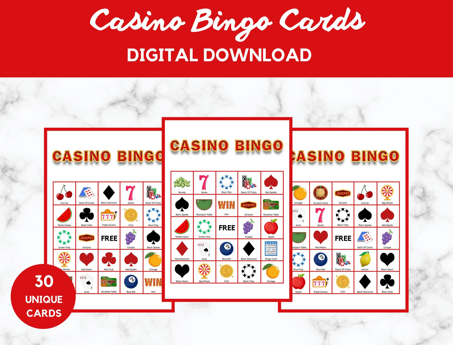 Casino Bingo - Casino Party Activity- 30 Casino Bingo Cards - Casino ...