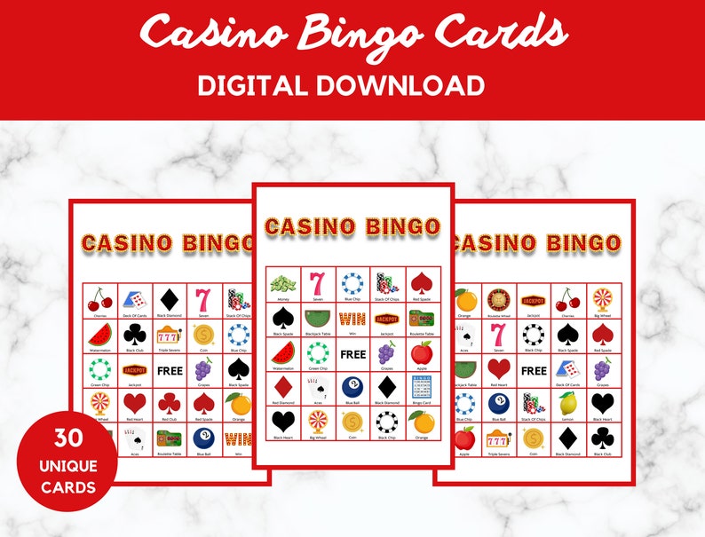 Casino Bingo - Casino Party Activity- 30 Casino Bingo Cards - Casino ...