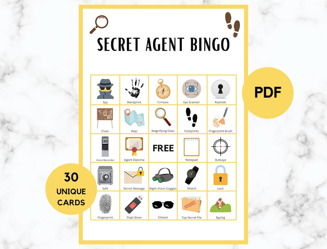 Secret Agent Bingo - Spy Birthday Activity- 30 Detective Printable ...